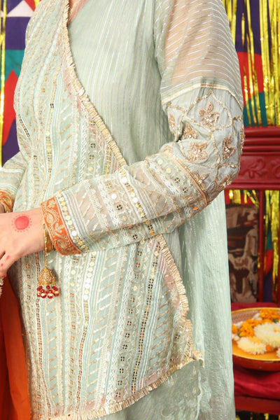 LDD-01889 | Light Green & Golden | Formal 3 Piece Suit | Pure Banarsi ...