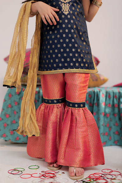 KDD-02418 | Navy Blue & Shocking Ping | Formal 3 Piece Suit | Banarsi ...